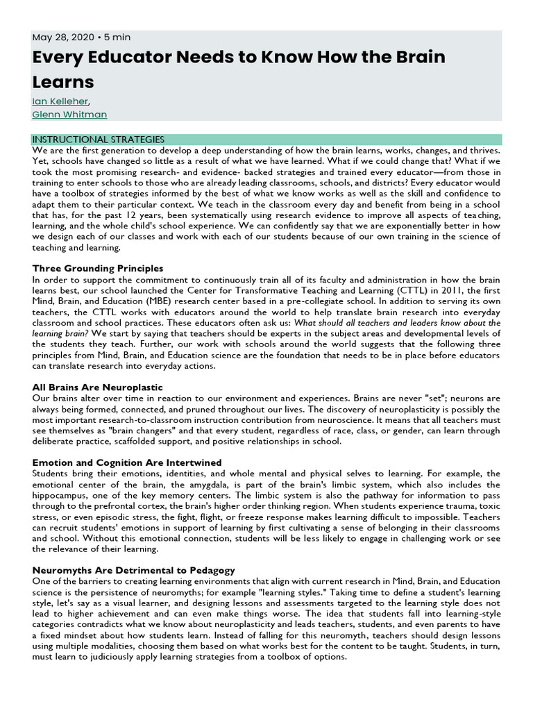 Every Educator Needs To Know How The Brain Learns | PDF | Limbic System | Learning