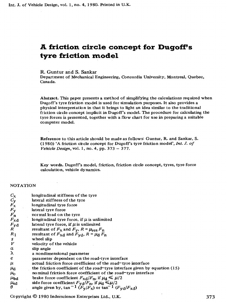 A Friction Circle Concept For Dugoff's Tyre Friction Model | PDF ...