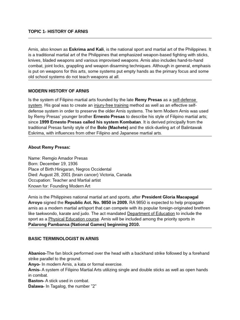Arnis: History, Equipment, and Rules | PDF