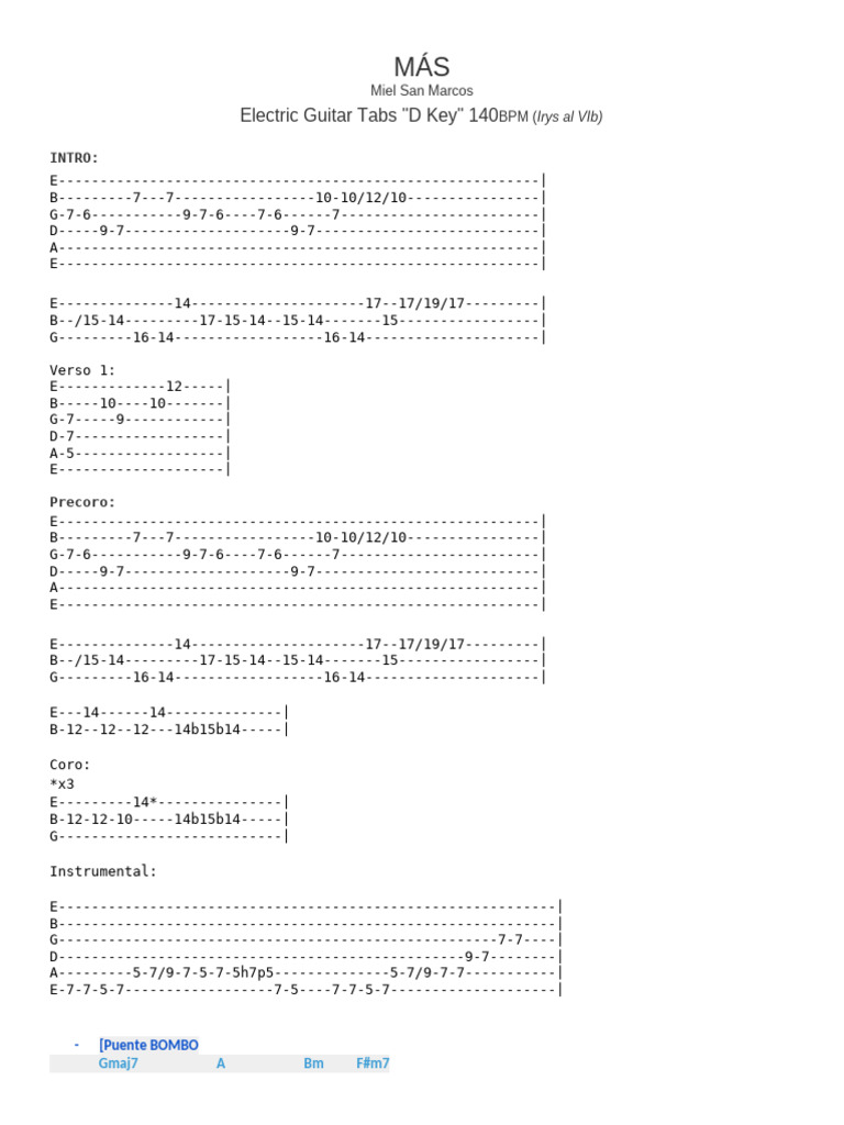 Tabs de guitarra "Queremos Más" Miel San Marcos | PDF