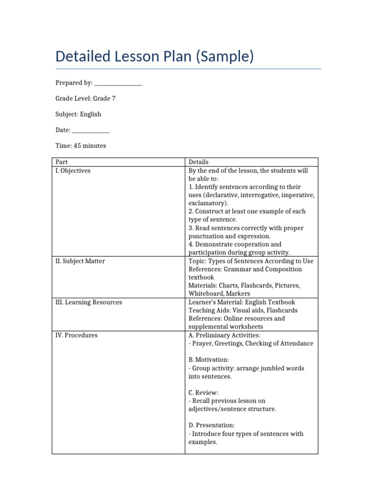 Grade 7 Lesson Plan on Sentence Types | PDF | Lesson Plan | Sentence ...