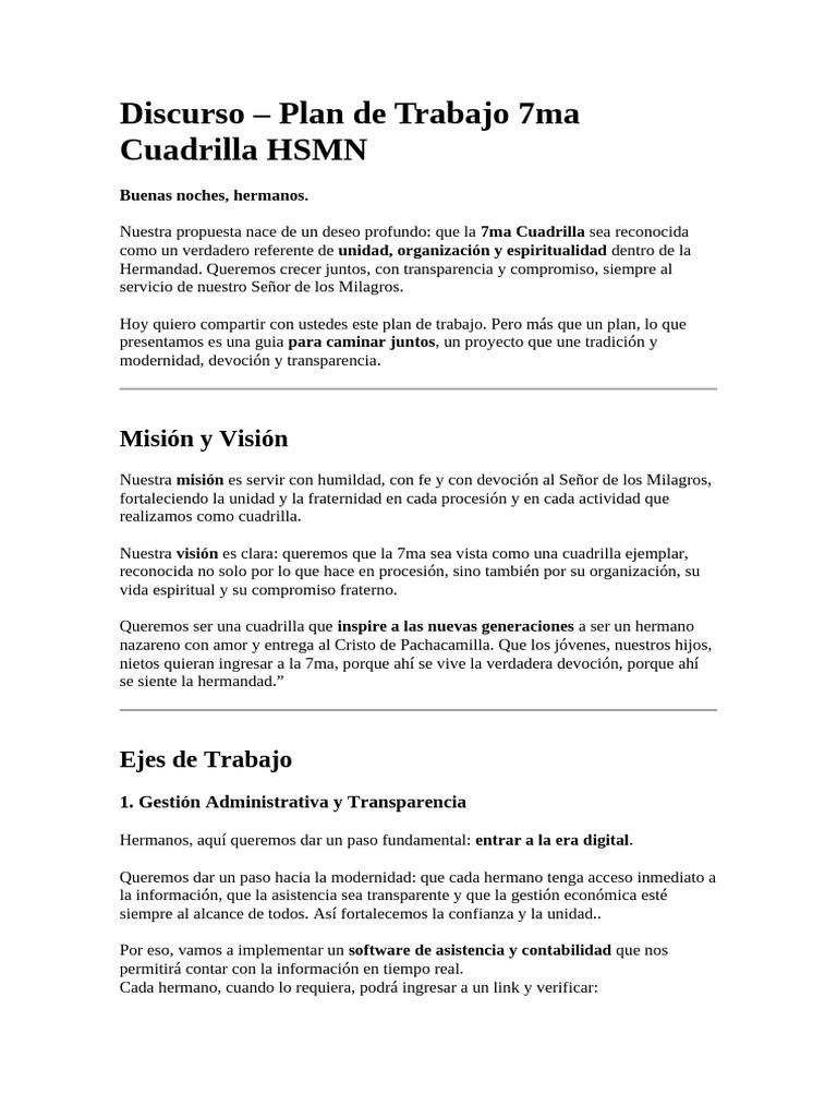Plan de Trabajo 7ma Cuadrilla HSMN | PDF