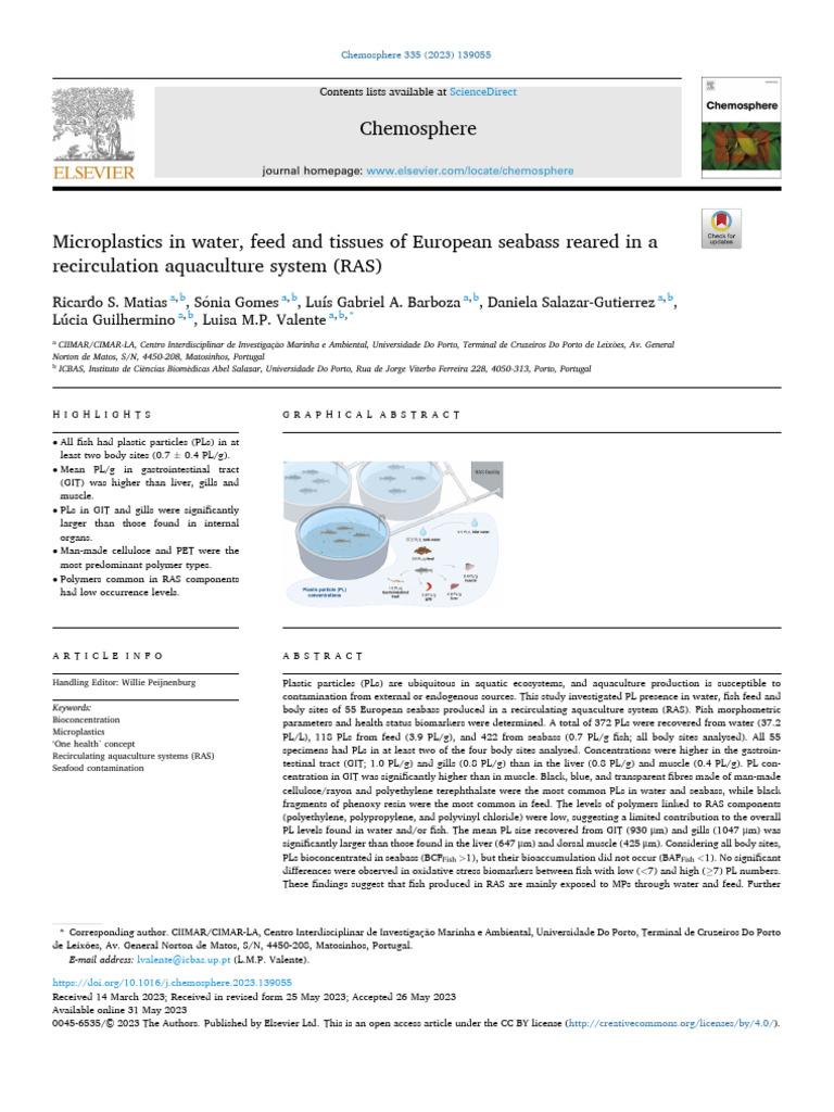 Microplastics in Water Feed and Tissues of European Seabass Rea 2023 Chemos | PDF | Fibers ...