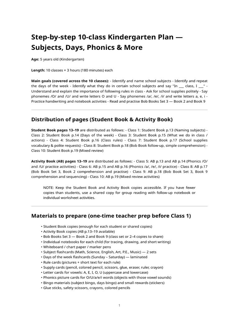 Step-By-Step 10-Class Kindergarten Plan - Subjects, Days, Phonics ...