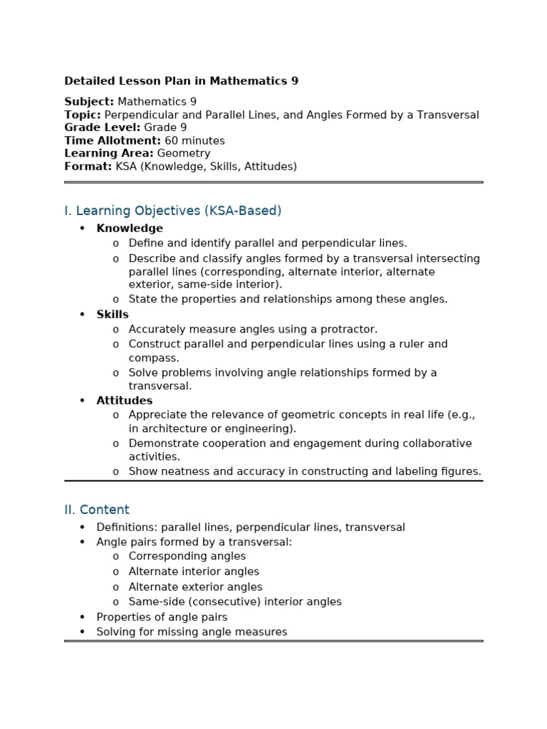 Math9 Lesson Plan Lines Angles | PDF | Angle | Euclidean Geometry