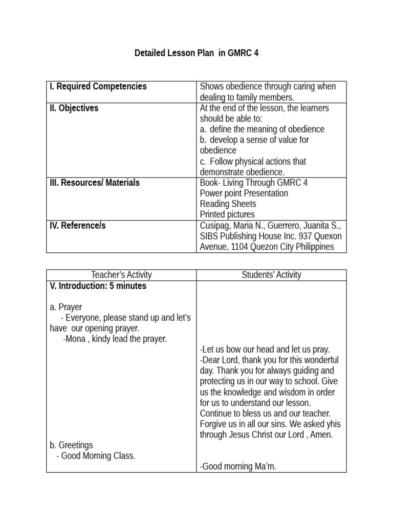 GMRC 4 Lesson Plan on Obedience | PDF | Prayer | Learning
