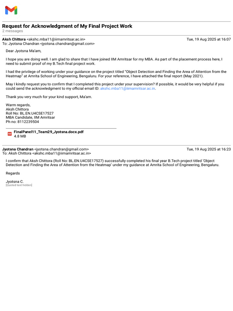 Gmail - Request For Acknowledgment of My Final Project Work | PDF