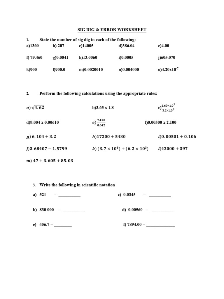Significant Digits and Error Calculations Worksheet | PDF