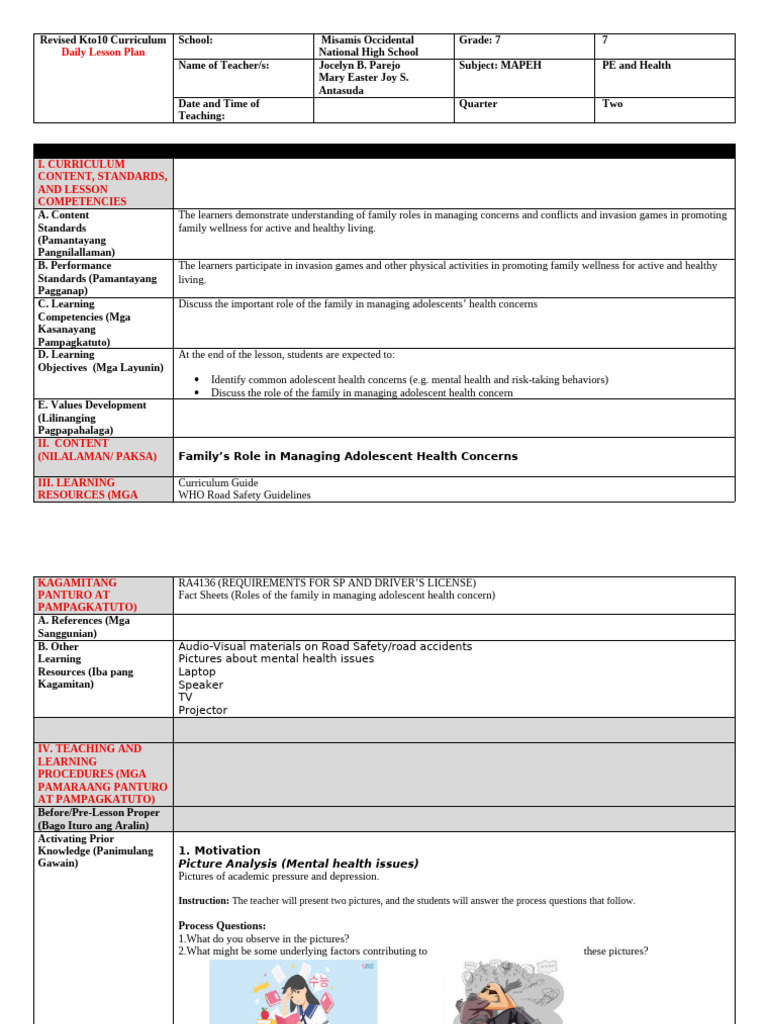 FINAL LESSON EXEMPLAR Familys Role in Managing Adolescent Health ...