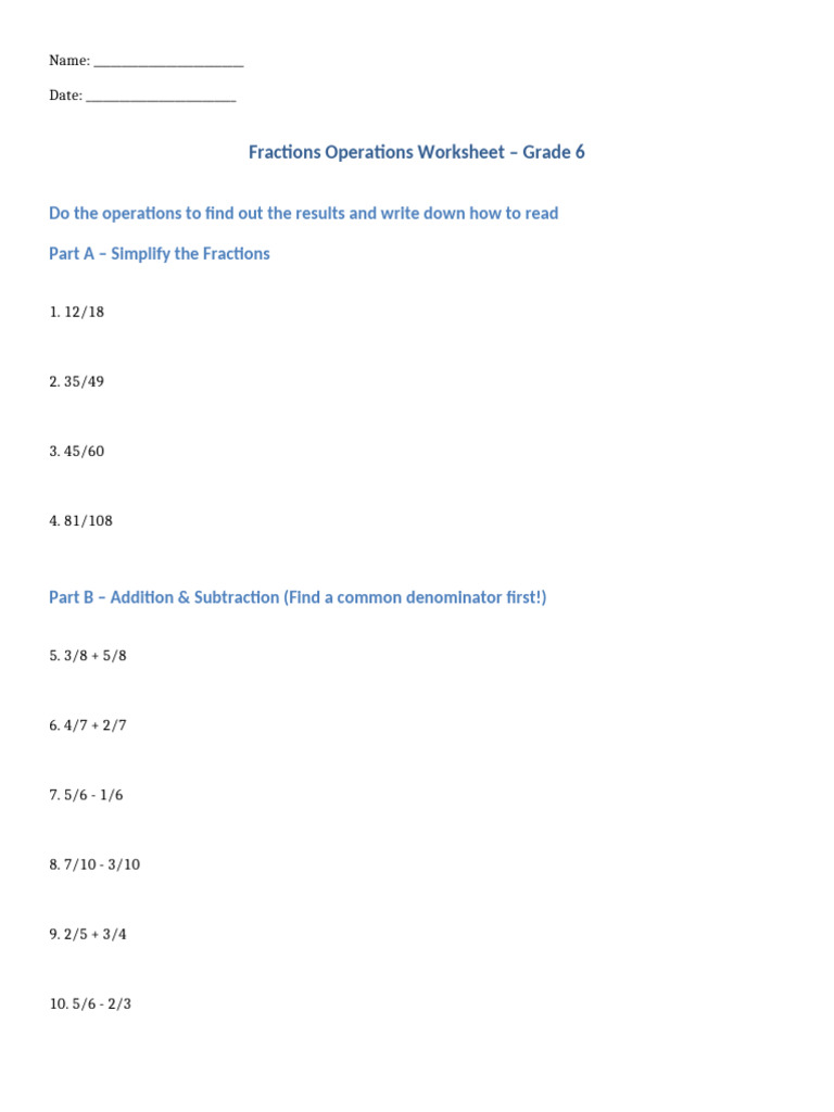 Grade 6 Fractions Operations Worksheet | PDF
