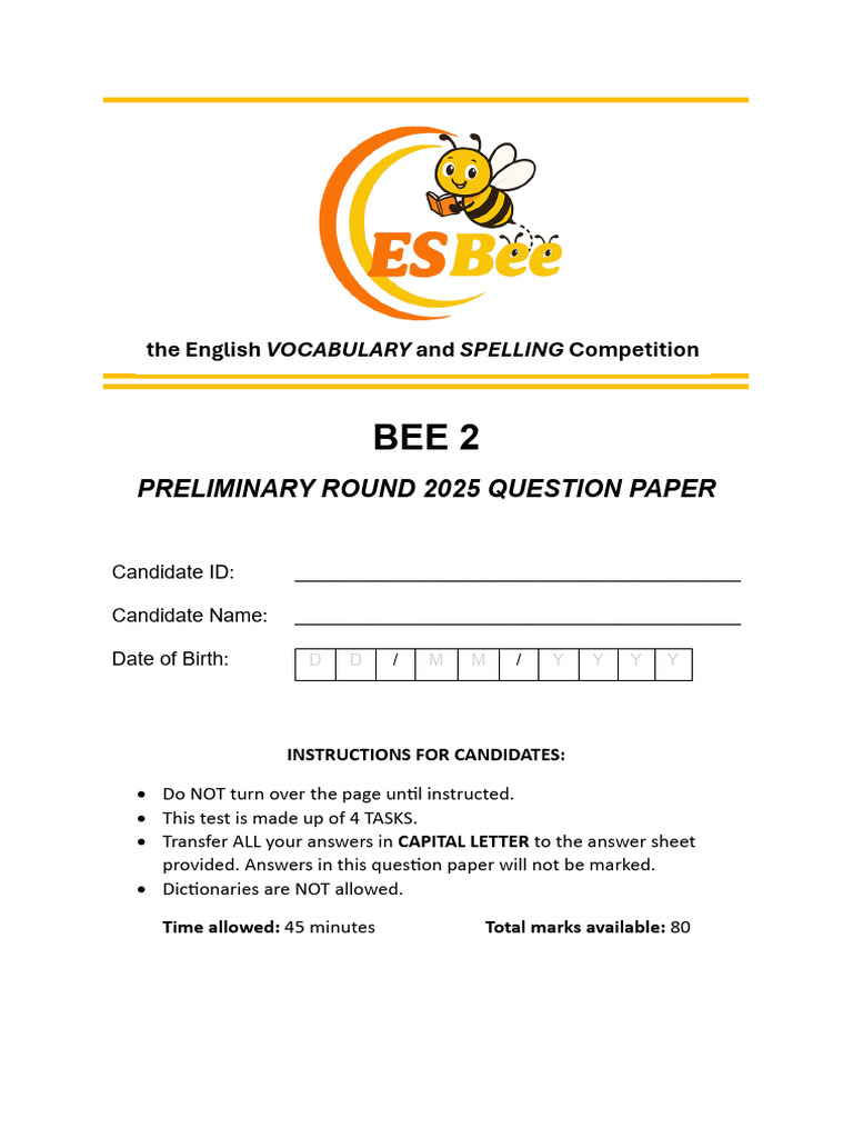 BEE 2 Vocabulary & Spelling Test 2025 | PDF