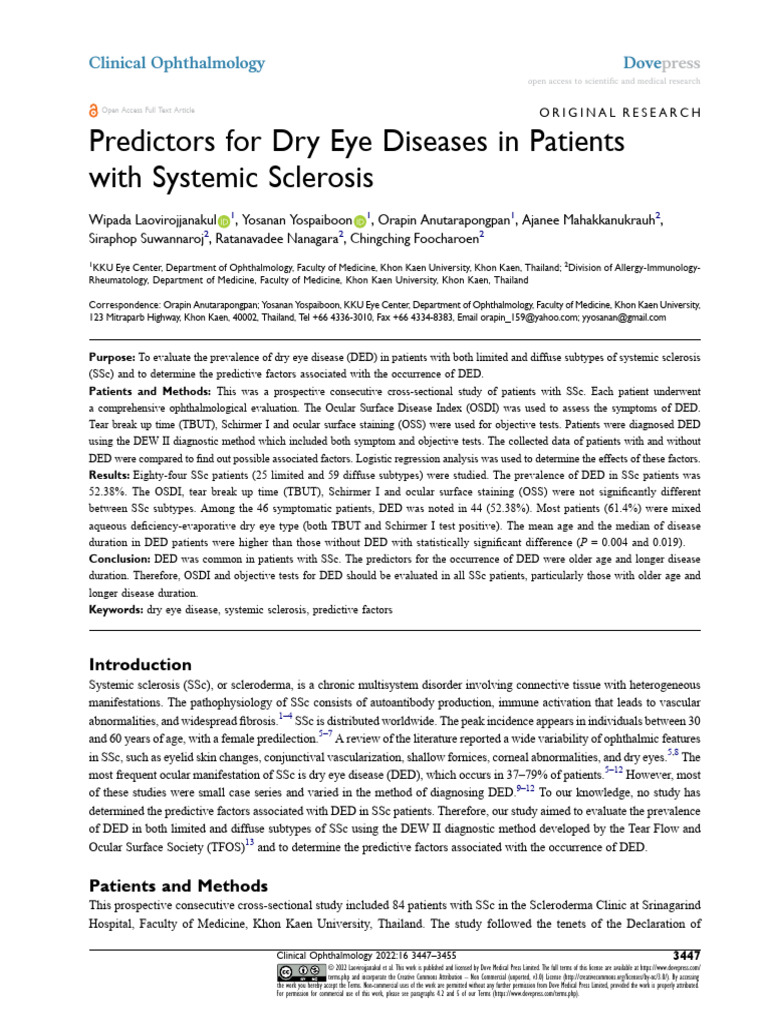 2022 OPTH 387760 Predictors For Dry Eye Diseases in Patients With ...