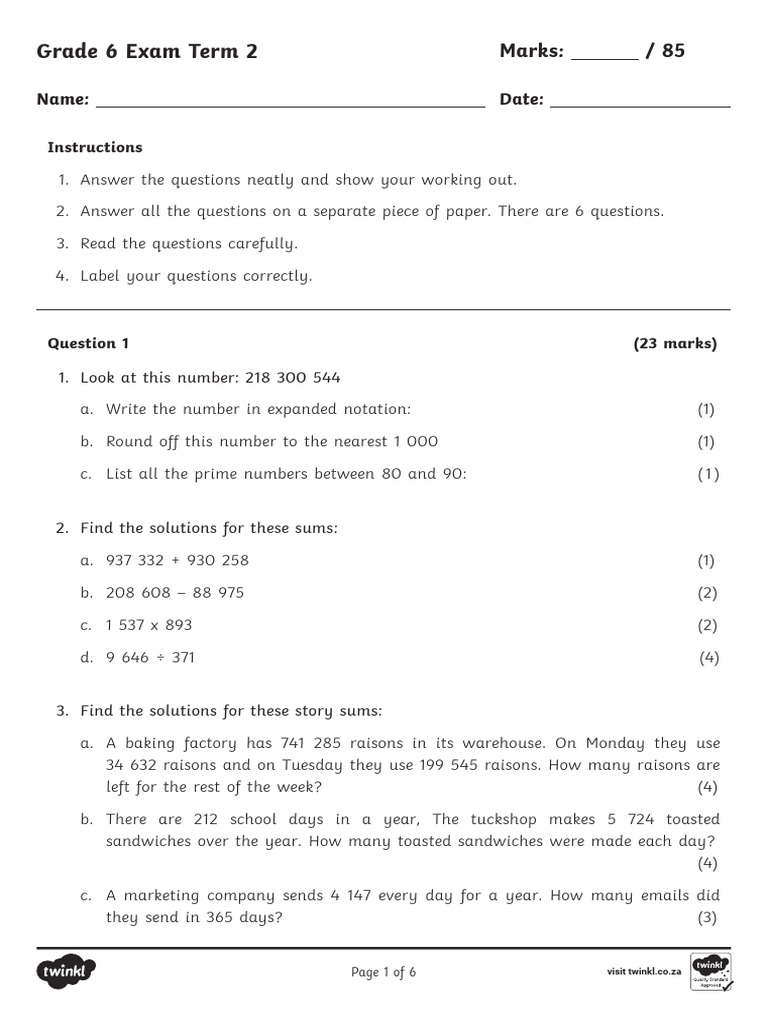 Grade 6 Term 2 Math Exam Questions | PDF | Numbers | Shape
