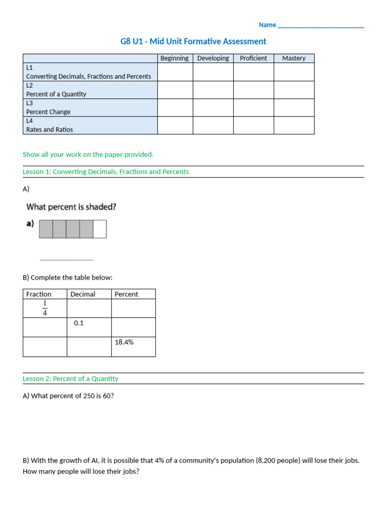 Grade 8 Unit 1 MidUnitAssessment | PDF