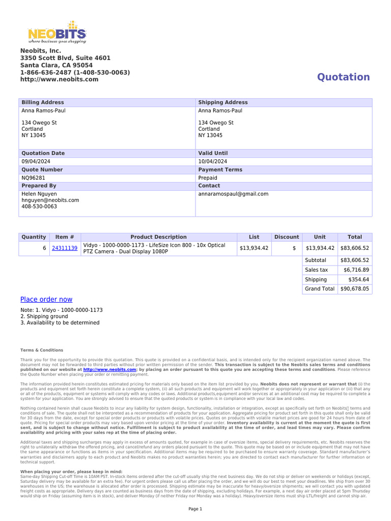 Quote Vidyo - 1000-0000-1173 | PDF | Cargo | Pricing