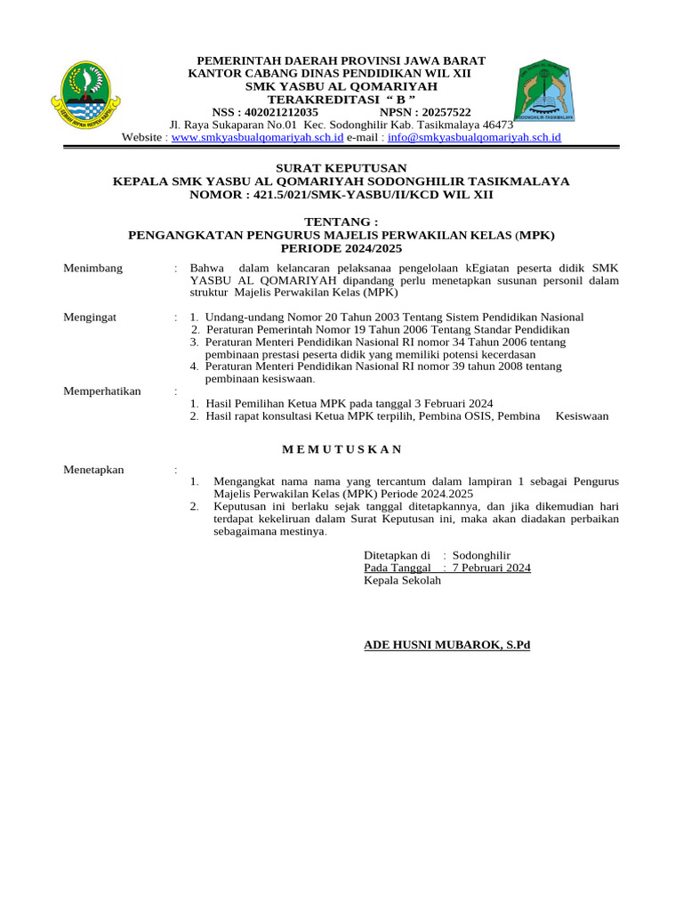 Pengangkatan Pengurus MPK SMK Yasbu | PDF