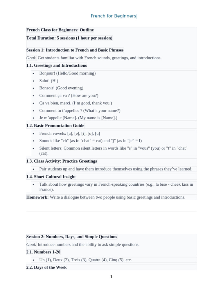 Beginner French Class Outline | PDF | Grammatical Gender | French Language