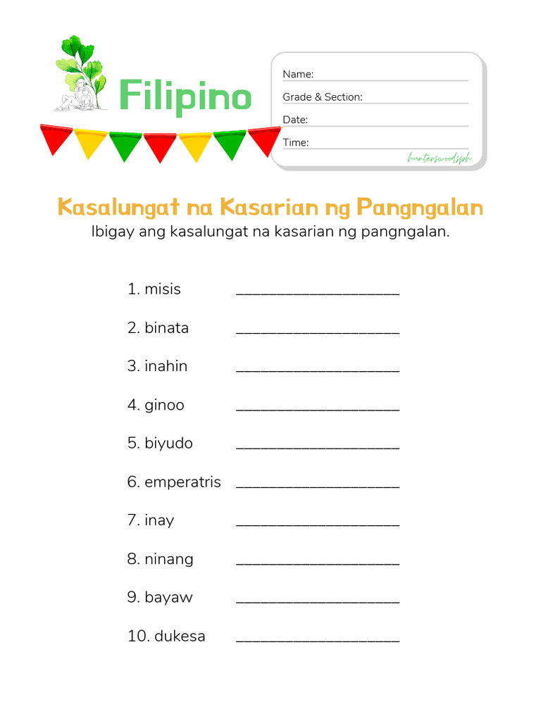 HuntersWoodsPH Filipino Kasalungat Na Kasarian NG Pangngalan Worksheet ...
