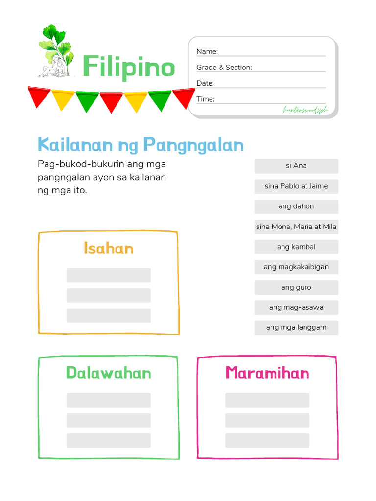 HuntersWoodsPH Filipino Kailanan NG Pangngalan Worksheet 1 | PDF