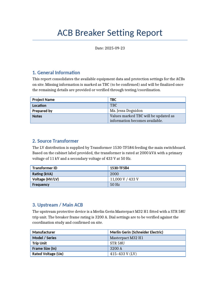 ACB Breaker Settings Overview | PDF | Transformer | Electronic Engineering