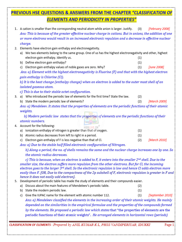 Hsslive-Xi-Qb-Key-3. Classification of Elements Q & A | PDF | Periodic ...