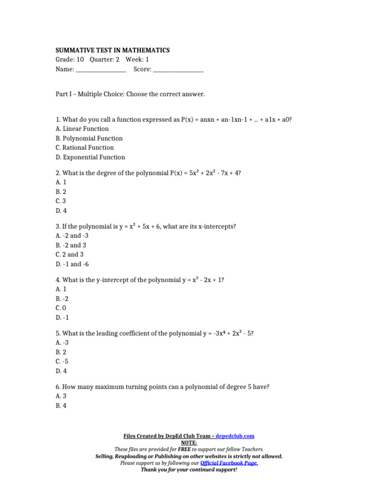Grade 10 Math Summative Test: Polynomials | PDF | Polynomial | Zero Of ...
