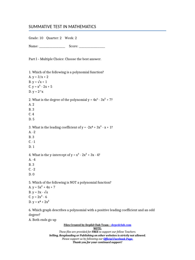 Grade 10 Math Summative Test Guide | PDF | Polynomial | Mathematical ...