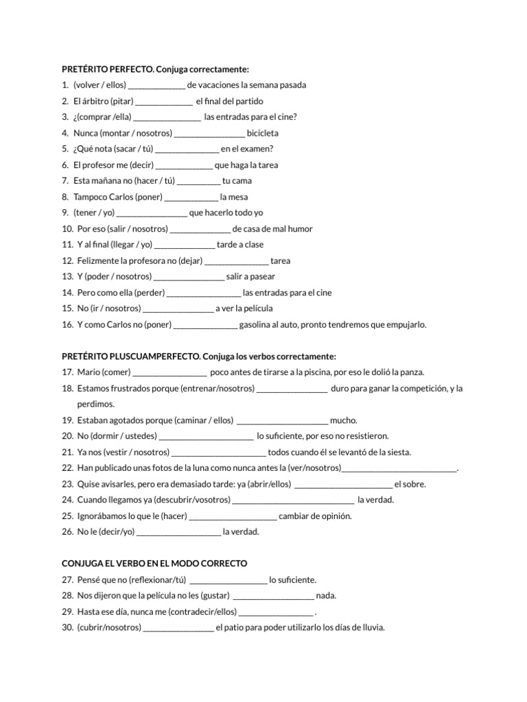 Handout Pretérito Perfecto y Pluscuamperfecto | PDF