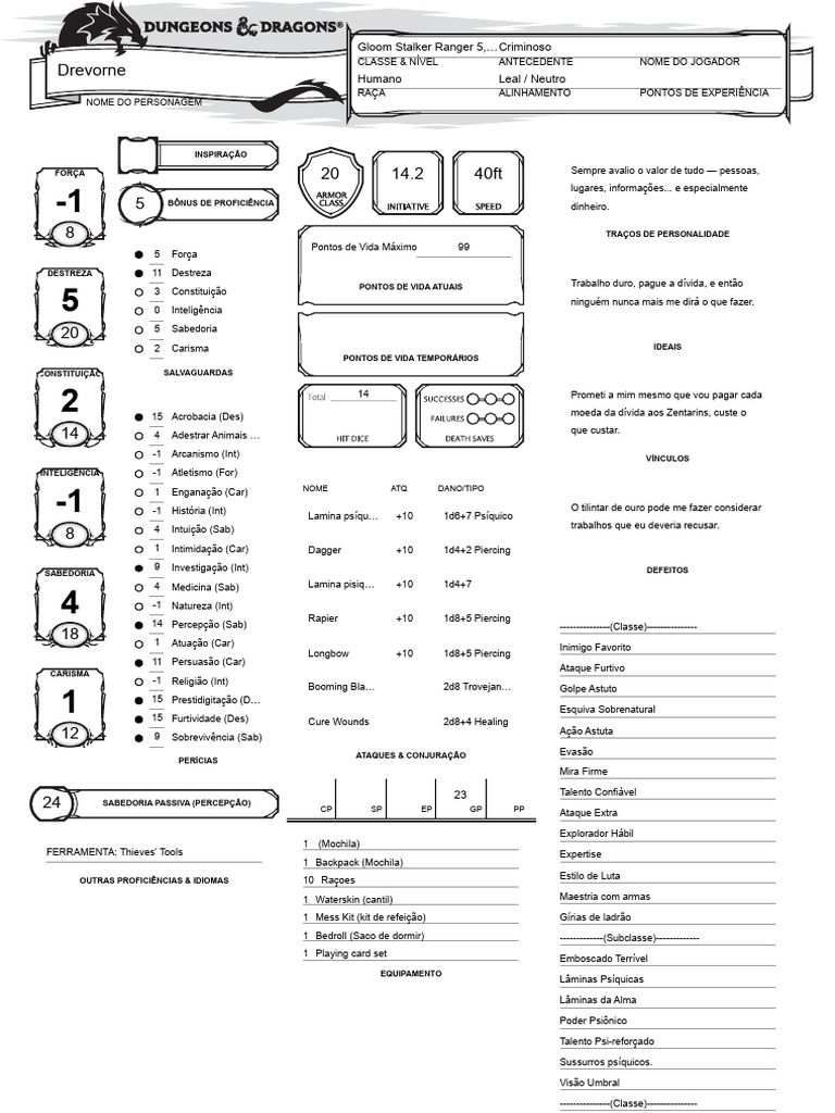 Ficha de Personagem: Gloom Stalker Ranger | PDF