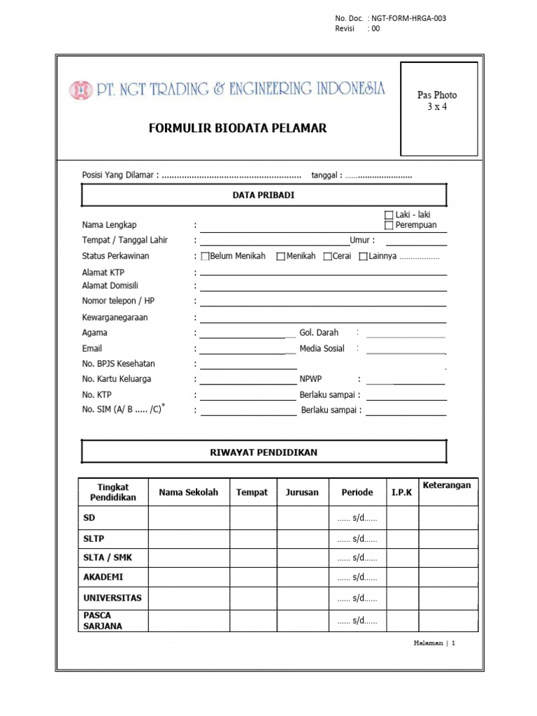 Formulir Biodata Pelamar Kerja | PDF