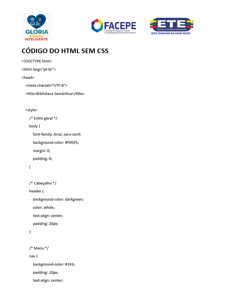 Código Do HTML Sem Css e o Css para Modelagem | PDF | Hipertexto | Rede ...