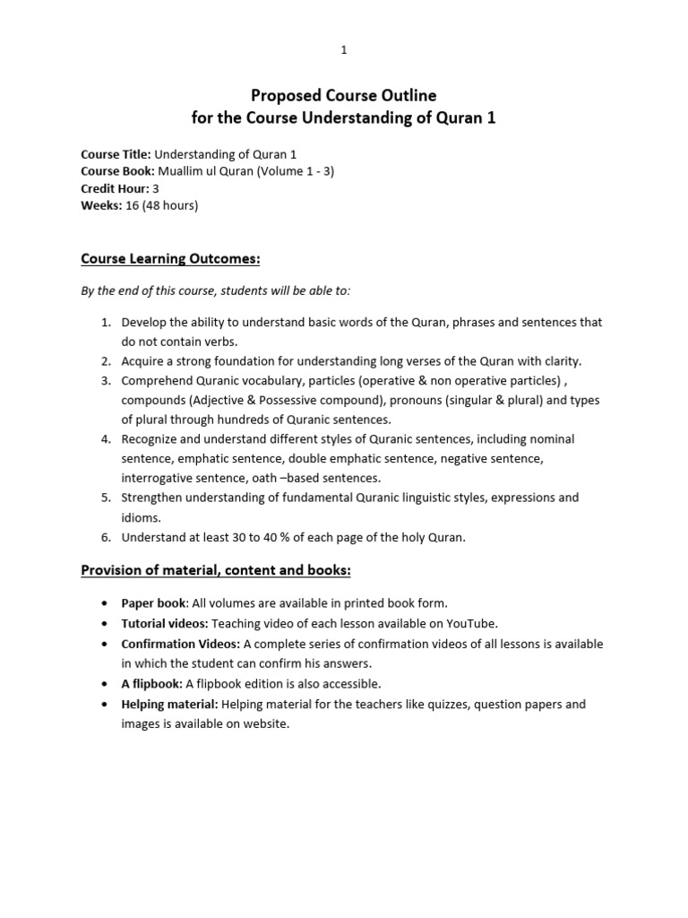 Understanding Quran 1 Course Outline | PDF | Grammatical Gender | Noun
