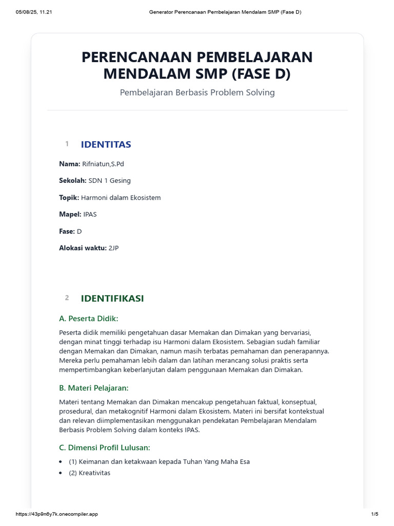 Rpp Deep Learning Kelas 5 Rantai Makanan | PDF