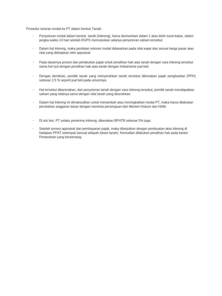 Prosedur Setoran Modal Ke PT Dalam Bentuk Tanah | PDF