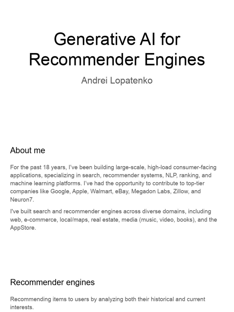 Generative AI for Recommender Engines | PDF | Artificial Intelligence ...