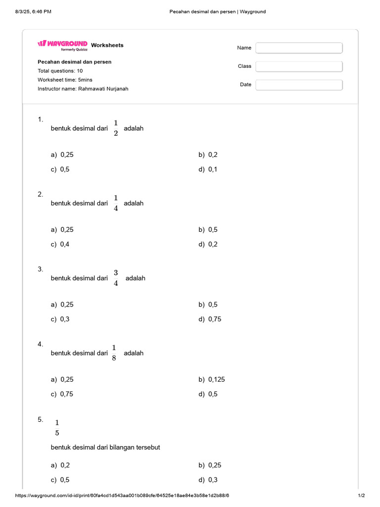 Quizizz - Pecahan Desimal Dan Persen | PDF