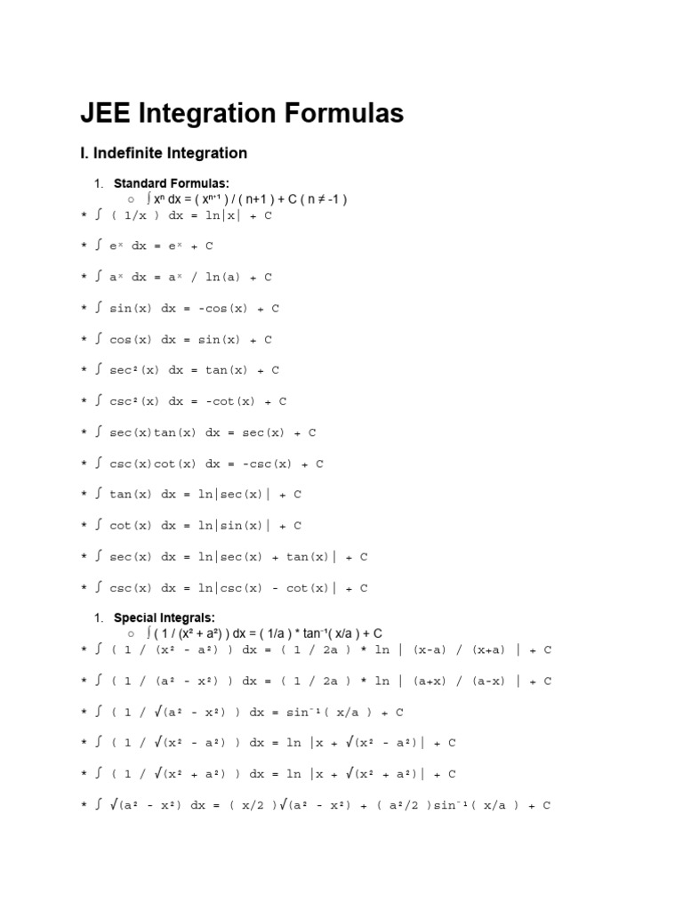 JEE Integration Formulas Guide | PDF