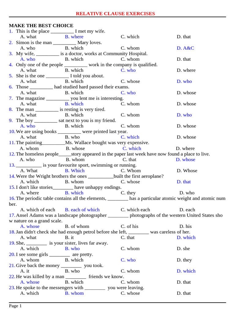 Relative Clause Exercises for Practice | PDF