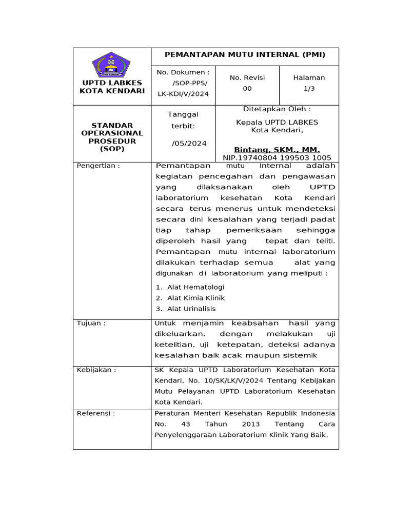 3. SOP PENGENDALIAN MUTU INTERNAL (PMI) UPTD LABKES KOTA KDI | PDF