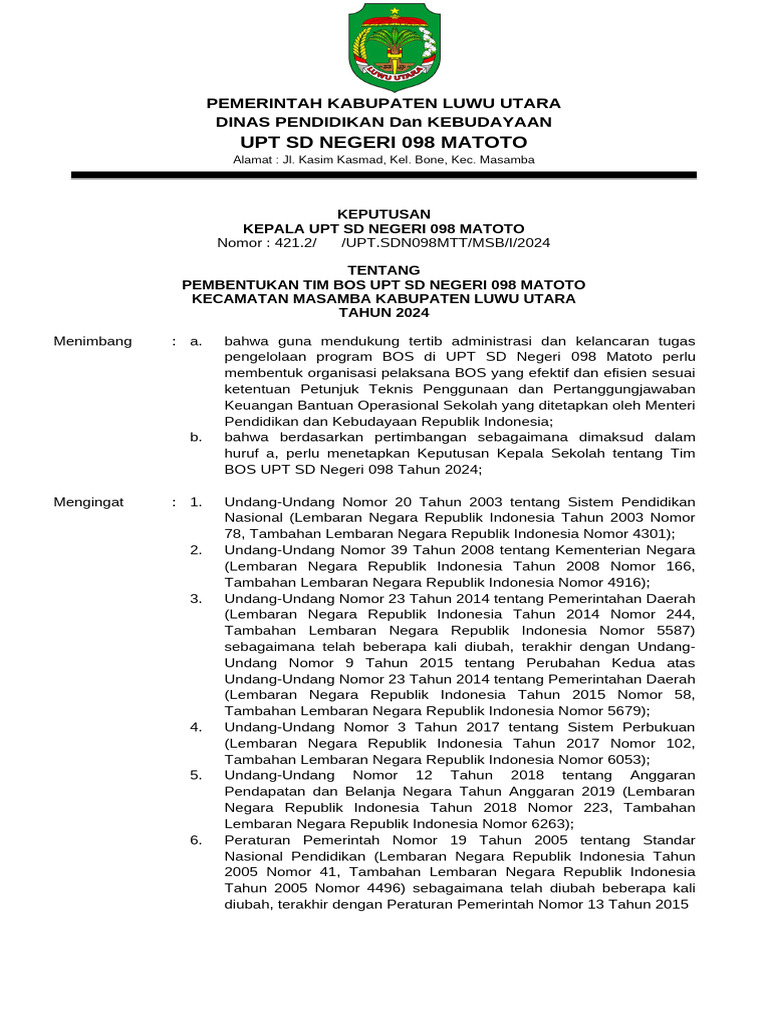 Contoh SK Tim BOS Reguler 2019 - WWW - Dapodik.co - Id | PDF