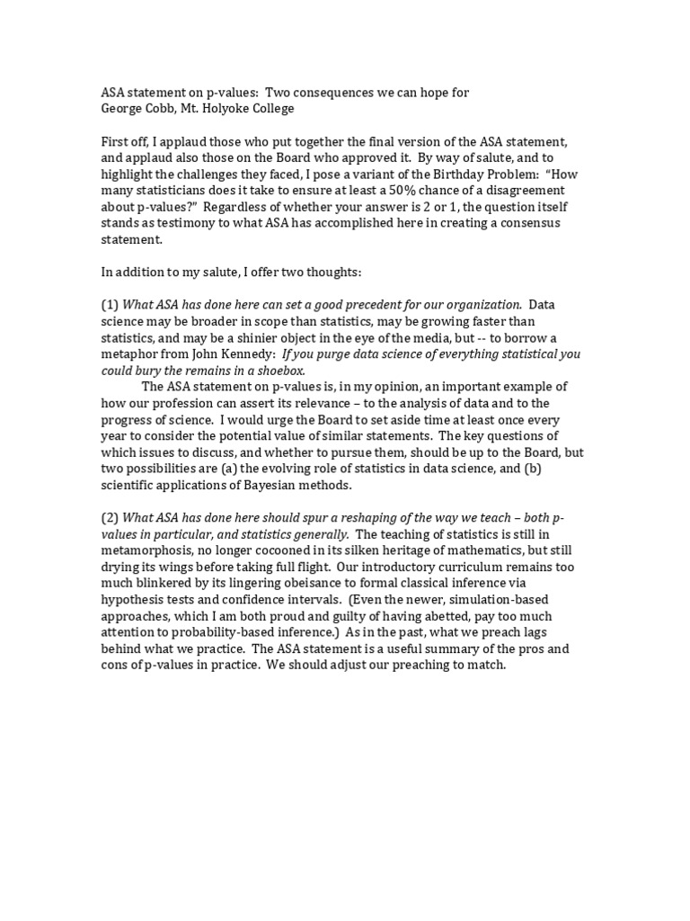 ASA S Stament On P Values Two Consequences We Can Hope For | PDF