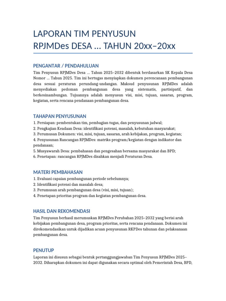 Laporan Tim Penyusun RPJMDes 2025-2032 | PDF