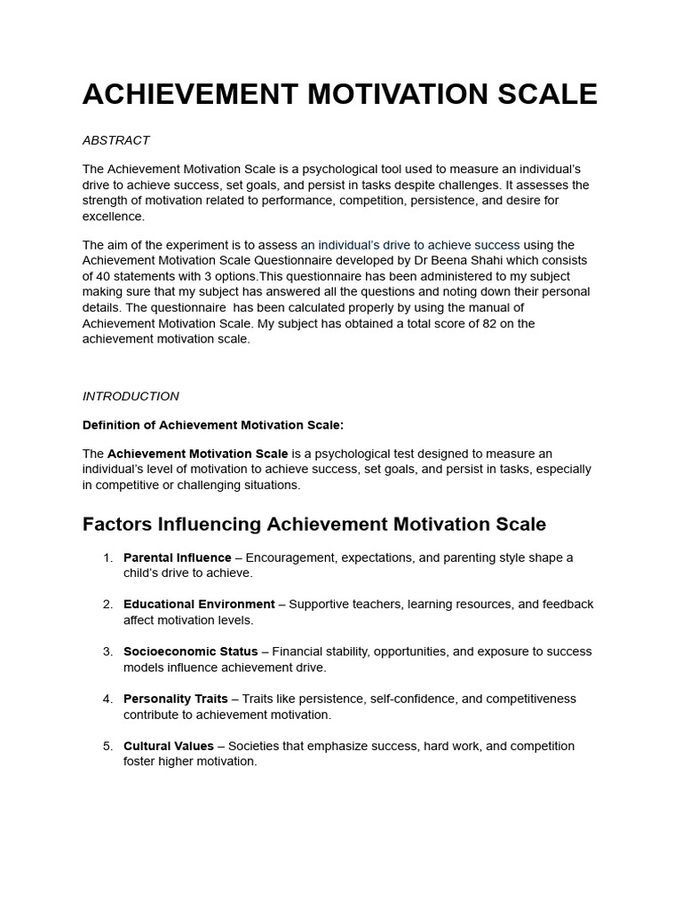Achievement Motivation Scale Assessment | PDF | Motivational | Motivation