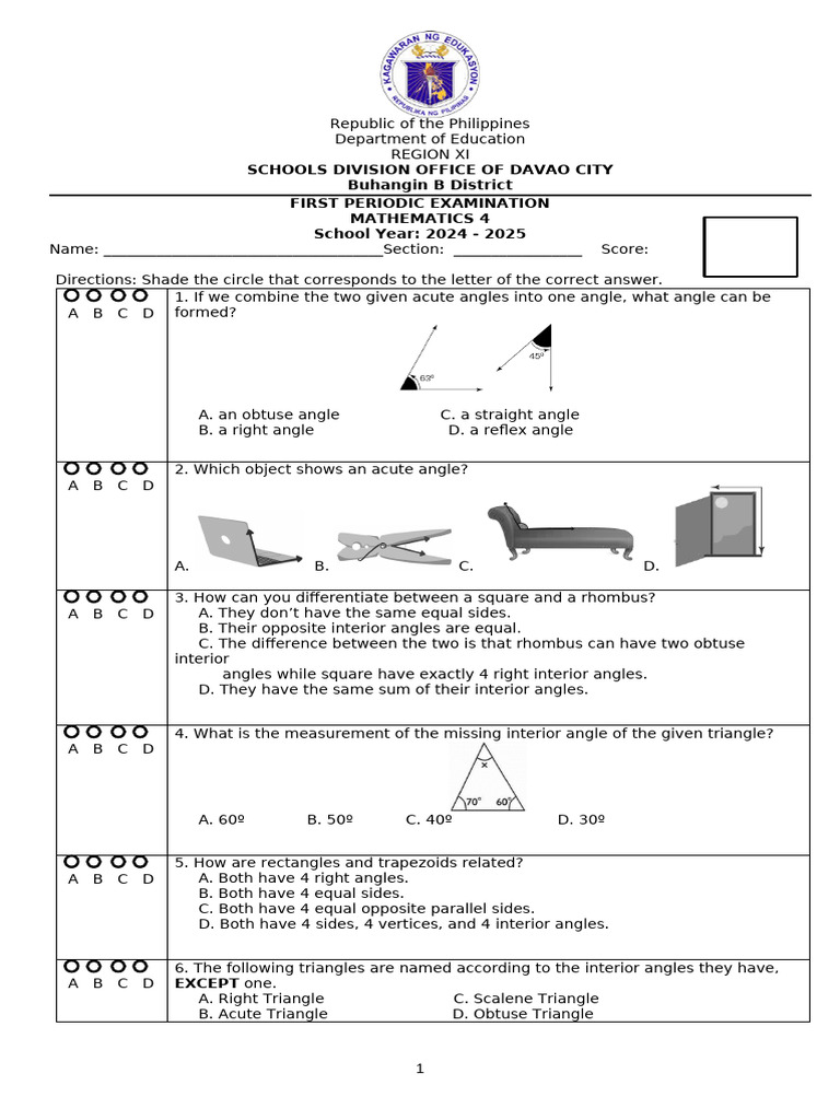 Quarterly Test Q1 Mathematics 4 Buhangin B | PDF | Triangle | Geometric ...