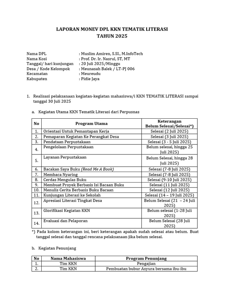 Format Laporan Monev KKN-L DPL | PDF