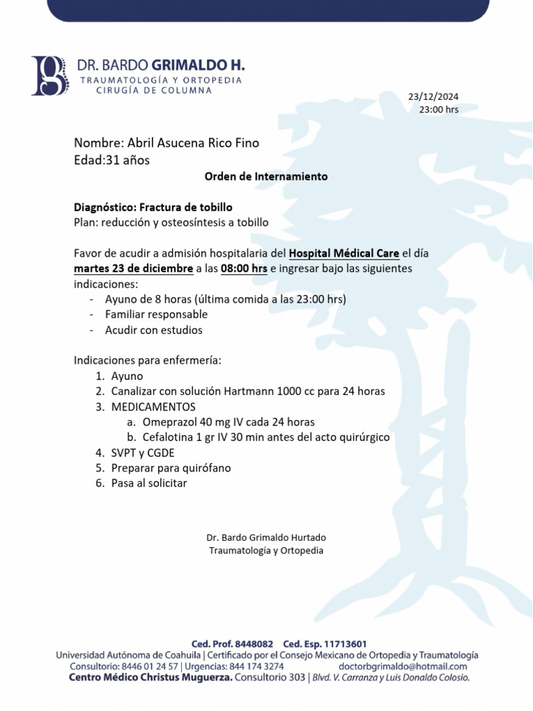 Hoja de Internamiento Abril Asucena Rico Fino - Medical Care | PDF