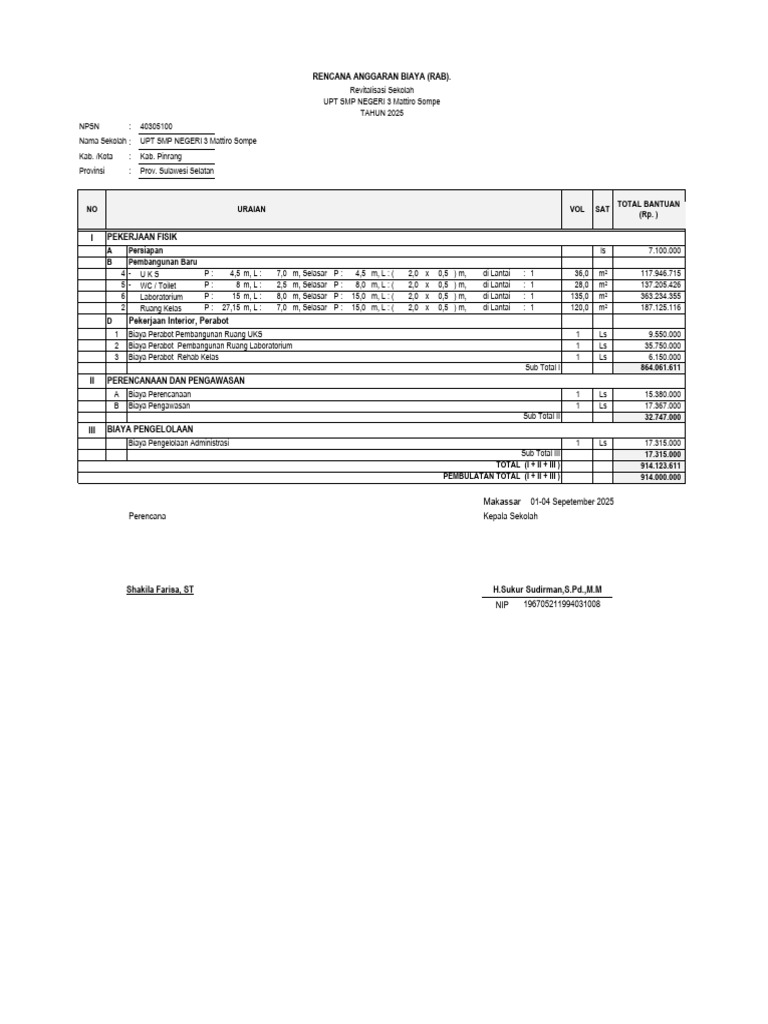REKAP RAB SMPN 3 MATTIRO SOMPE FIX | PDF