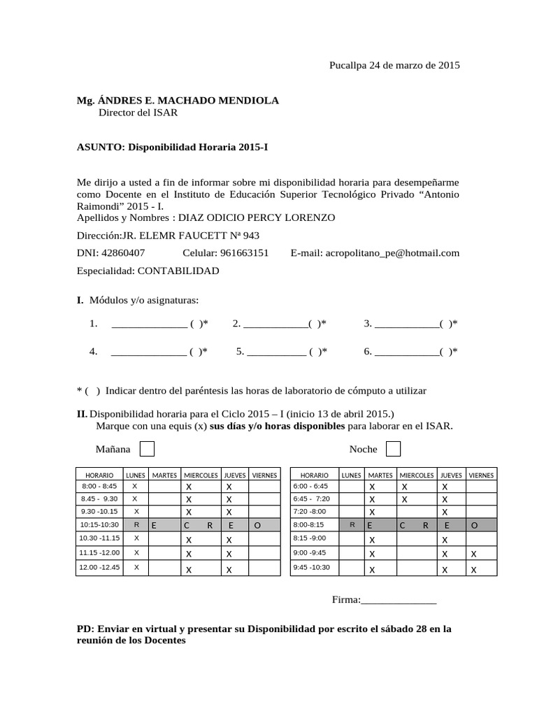 Ficha de Dispon. 2015-I | PDF
