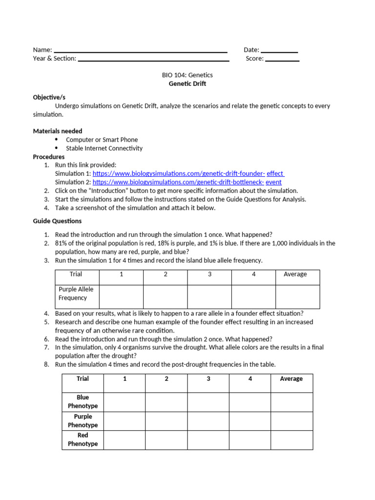 Population Genetics Activity | PDF | Evolutionary Biology | Genetics