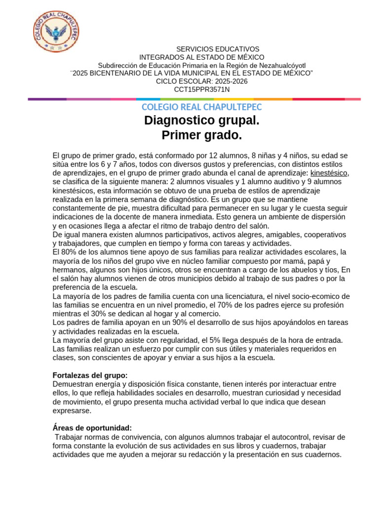 Diagnostico Grupal 1 Primer Grado. 2025-2026 | PDF | Escuelas | Aprendizaje